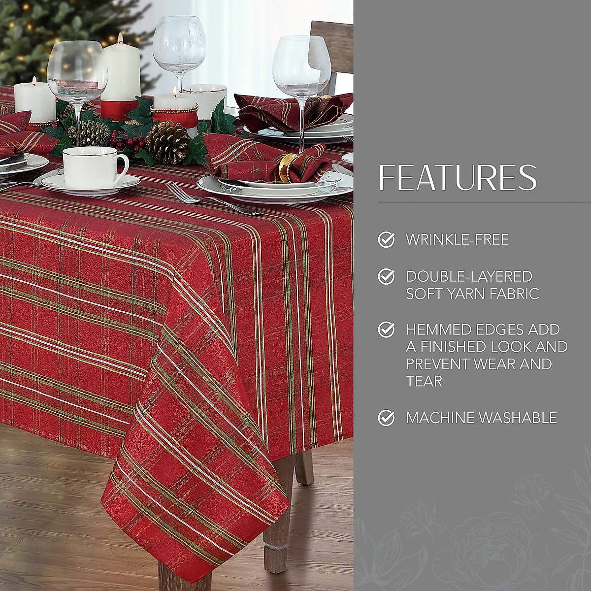 Elrene Home Fashions Shimmering Plaid Holiday Fabric Tablecloth, 52" x 52", Red