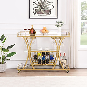 FABOMEI Gold Bar Carts with Glass Holders & Wine Rack,3 Tier Home Bar Serving Carts with Glass Shelves,Metal Rolling Bar Carts for The Home Kitchen, Party