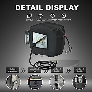 Garden Hose Reel Cover UV Resistant, 100% Waterproof and Anti-Fading Cover for Water Hose Reel，Heavy Duty 600D Polyester Coated Material,With Storage Function ，Black(21.6″ x 15.7″ x 21.6″)