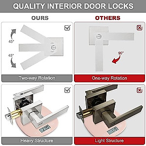 6 Pack Square Door Lever Privacy Door Lock Handleset, Keyless Lockset Door Knobs Interior Door Knobs Storage Room Bathroom Set Reversible Keyless Flat Levers in Satin Nickel