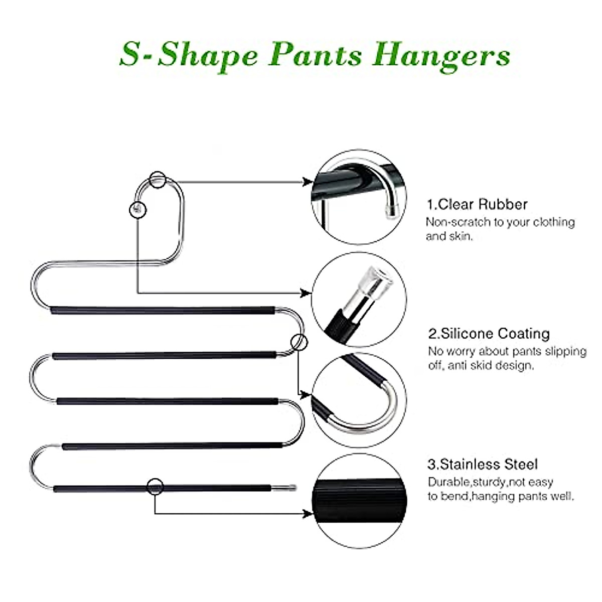 S-Shape Pants Hangers Space Saving Trousers Hangers 4 Pack, 5 Layer Stainless Steel S-Shape Trousers Hangers