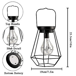 JHY DESIGN Diamond Metal Cage Table Lamp Battery Powered Hanging Lanterns, Cordless Lamp with LED Edsion Style Bulb for Weddings,Parties,Patio,Events for Indoors/Outdoors (Hanging Hook Included)