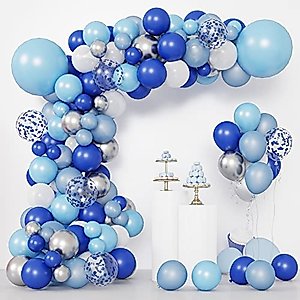 RUBFAC 130pcs Blue Balloons Garland Arch Kit, Royal Blue and Baby Blue White Chrome Sliver Balloons Arch for Shower Birthday Graduation Party Decorations