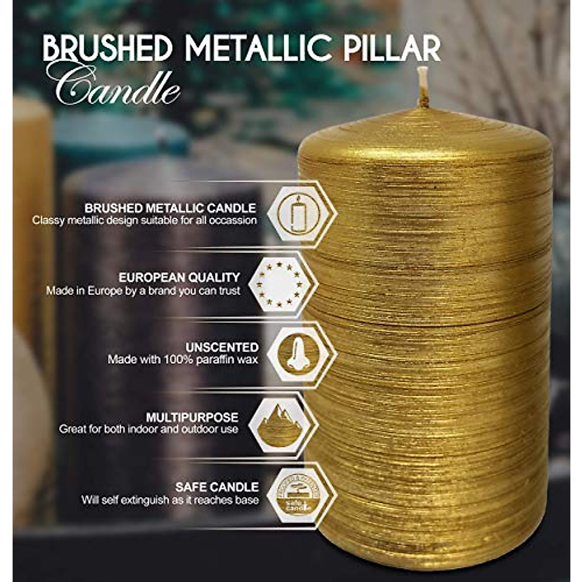 Hyoola Brushed Metallic Pillar Candles - 6 Pack - Gold Pillar Candles - European Made Decorative Pillar Candles - 2.75 Inch x 5 Inch