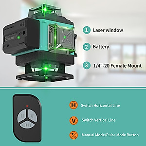 16 Lines Laser Level Self Leveling, 4x360° 4D Green Cross Line Lazer Level Tool with 2 Rechargable Batteries,Two 360° Vertical and Two 360° Horizontal Laser Dimmable brightness & Remote Controller