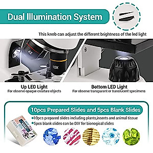 Microscope for Adults Students, 40X-2000X Magnification Dual LED Illumination Metal Body Optical Glass Lens Beginners Monocular Microscope with Prepared Slides Phone Adapter