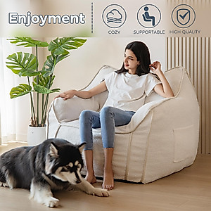 MAXYOYO Giant Bean Bag Chair for Adults, Stuffed Living Room Bean Bag Chair with Armrest, Large Fluffy Bean Bag Sofa with Filler, Accent Chair Sofa Floor Chair with Pocket for Dorm Reading, Beige