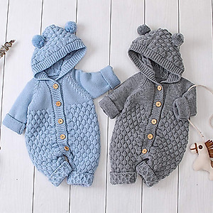 Toddler Baby Boy Girls Cartoon Bear Winter Hooded Jumpsuit Cotton Knitted Sweater Romper Long Sleeve Breasted Bodysuit Knitwear Hoodie Warm Button Coat Overalls Birthday Outfit Light Blue 0-6 Months