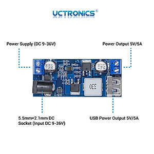 UCTRONICS DC 9V 12V 24V to DC 5V 5A Buck Converter Module, 9-36V Step Down to USB 5V Transformer Dual Output Voltage Regulator Board [2 Pack]