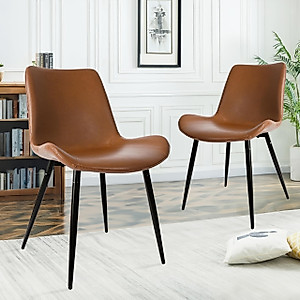 CangLong Dining Chairs Set of 2 in Faux Leather Brown Cushion Seat, Upholstered Dining Accent Side Chairs with Comfy Back and Sturdy Black Metal Legs for Living, Restaurant & Meeting Room, Brown