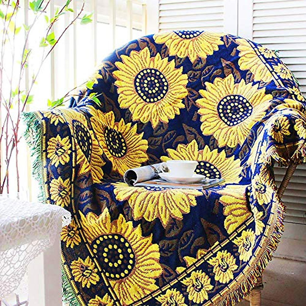 PHNAM Sunflower Throw Blanket with Fringe for Couch Bed Soft Decorative Cozy Cotton Woven Knit Warm Bed Throws Reversible for Chair, Sofa, Living Room, Bedroom (51x70.8 inches) (Sunflower)