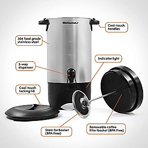 Elite Gourmet CCM-040 40 Cup Electric Hot Water Coffee Brewer Urn, Removable Filter For Easy Cleanup, Two Way Dispenser with Cool-Touch Handles, Stainless Steel