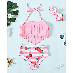 4T Toddler Girl Swimsuit Little Kids Triangle Bikini Tassel Halter Tankini Top 2pc Watermelon Bathing Suit 4T 5T Swimsuit for Girls Light Pink