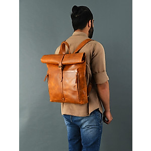 Gratlin Buffalo Leather Roll On Laptop Backpack 16 Inches | Vintage Genuine Leather Rucksack Backpack for Men & Women | Best Full Grain Tan Leather Backpacks Book Bag Knapsack for Travel Hiking Use