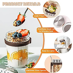 KesaPlan Overnight Oats Containers with Lid and Spoon, 10oz Airtight Large Capacity Mason Jar, 2PCS Leak-proof Oatmeal Jars with Measurement Marks, Reusable On The Go Parfait Cups for Yogurt Cereal