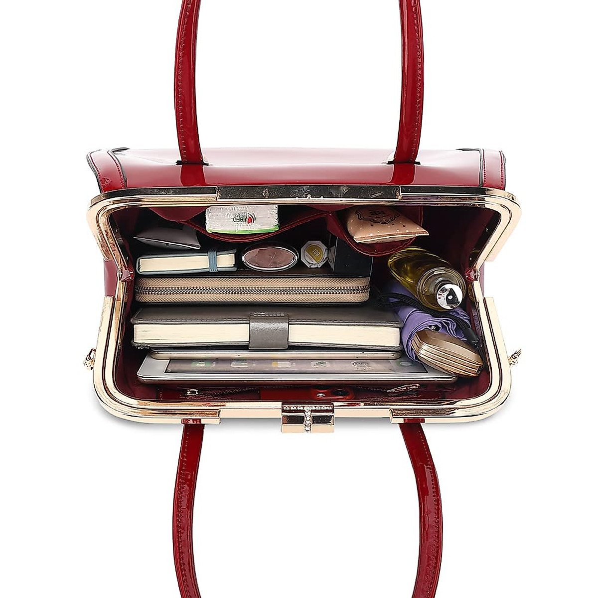 Style Strategy purses patent leather handbags for women Top Handle with kiss lock Satchel Shoulder bags crossbody for women (Bronze)