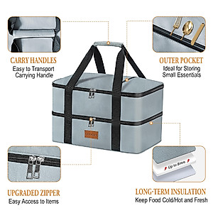 Cooklux Insulated Casserole Carrier - Double Decker Design, Food Warmer Bag for Hot&Cold Food Travel, Fits 9x13 Casserole Dish, Leak-Proof, Durable Nylon, Zip Pockets, Grey