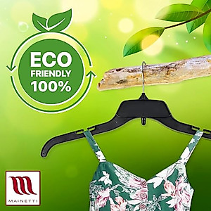 Mainetti 484 Recycled Black Plastic Hangers - 200 Pack with Rotating Metal Hook and Notches for Straps, Great for Shirts/Tops/Dresses, 17-Inch
