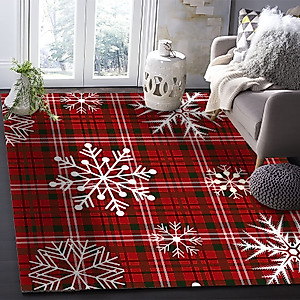 Merry Christmas Area Rug Indoor Carpet 2"x3", Winter Snowflakes On Red and Black Plaid Anti-Slip Low-Pile and Soft Accent Rug for Living Room Dining Room Bedroom