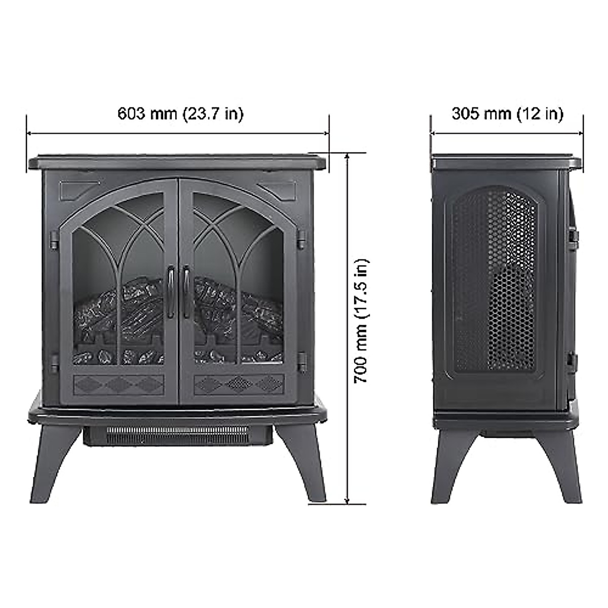 23.7 Inch 3D Infrared Electric Stove Heater, Free-Standing Infrared Fireplace, LED Light Source, 1500W, 5018BTU, Overheating Protection, Remote, Timer, Black, BOJATU