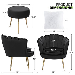 Magshion Modern Velvet Scalloped Back Accent Chair - Black, 250 lb Weight Capacity, Footrest & Pillow, Indoor Use