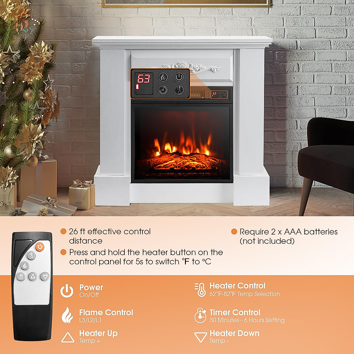 Tangkula 1400W 32 Inches Electric Fireplace with Mantel, Freestanding Fireplace Heater with 3D Flame Effect, Remote Control, Thermostat, 6H Timer, Overheat Protection (White)