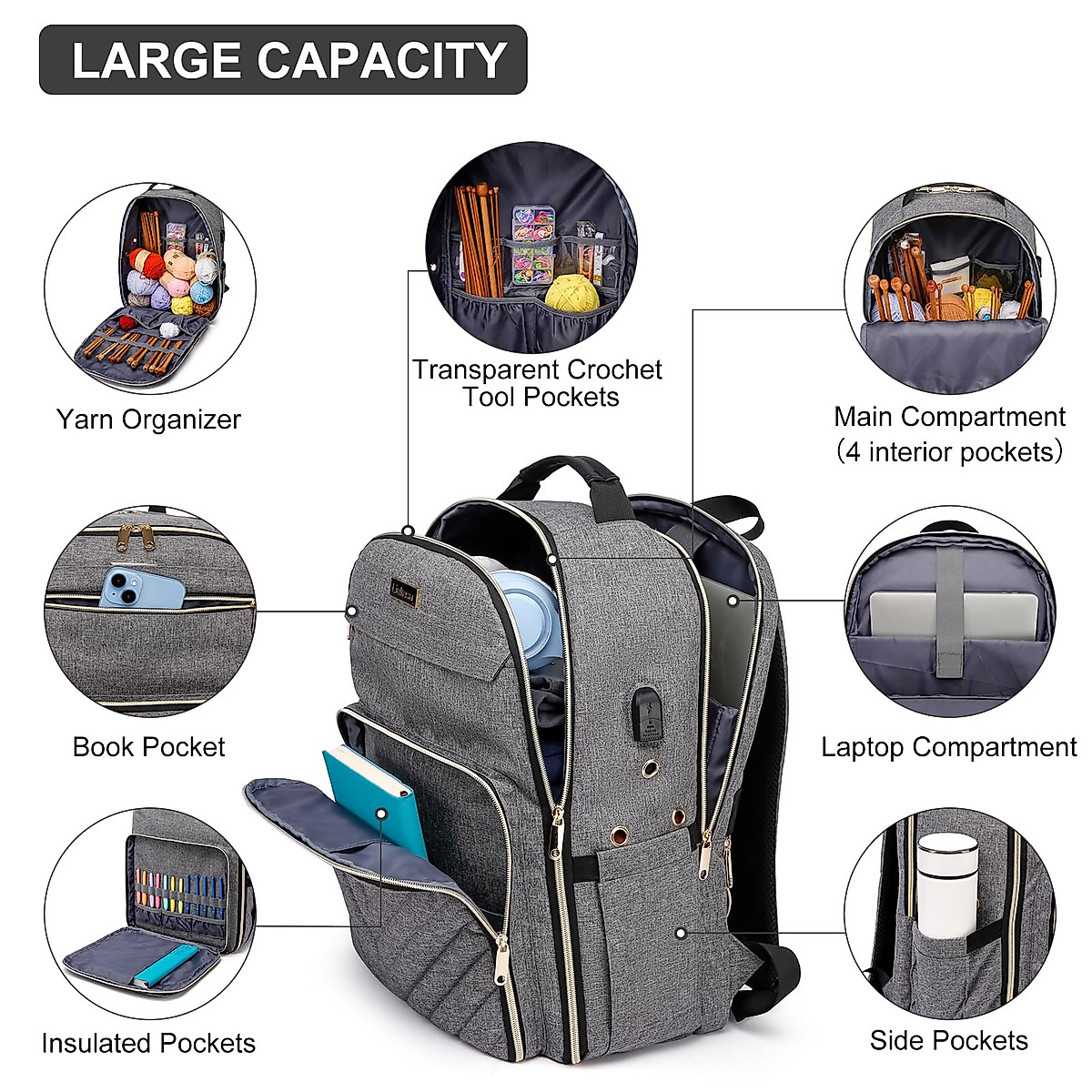 Knitting Bag Backpack, Crochet Bag Tote, Large Yarn Storage Tote Bag with USB Charging Port, Yarn Holder Case for Carrying Projects, Knitting Needles, Yarn Supplies, Grey