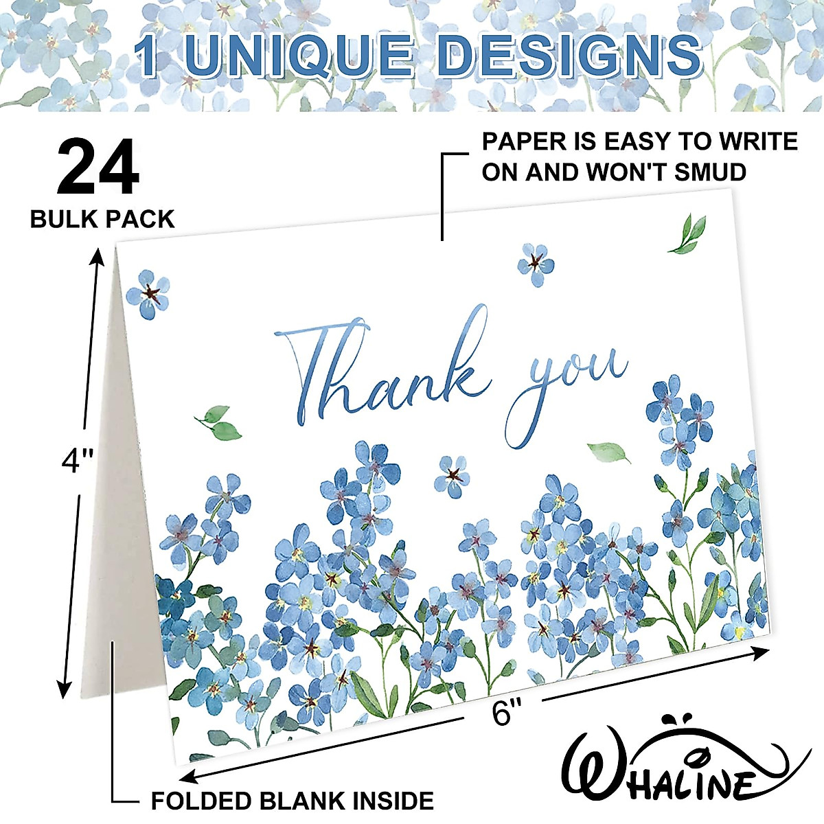 Whaline 24 Pack Watercolor Floral Thank You Cards Bulk Forget-Me-Not Myosotis Sylvatica Flower Greeting Cards with Envelope Sticker Blank Note Cards for Wedding Baby Shower Bridal Birthday Party