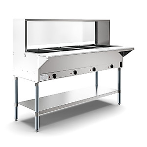 KoolMore 4-Pan Open Well Commercial Electric Stainless Steel Steam Table Food Warmer for Buffets with Sneeze Guard, Overshelf, Undershelf, Warming Control Knobs [120V] (KM-OWS-4SG), Silver