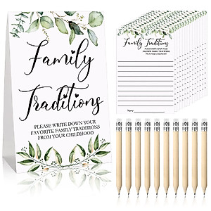Fumete 61 Pieces Baby Shower Games Include Family Traditions Sign and 50 Baby Shower Family Traditions Cards with 10 Pencils for Baby Shower Party Decor (Greenery)