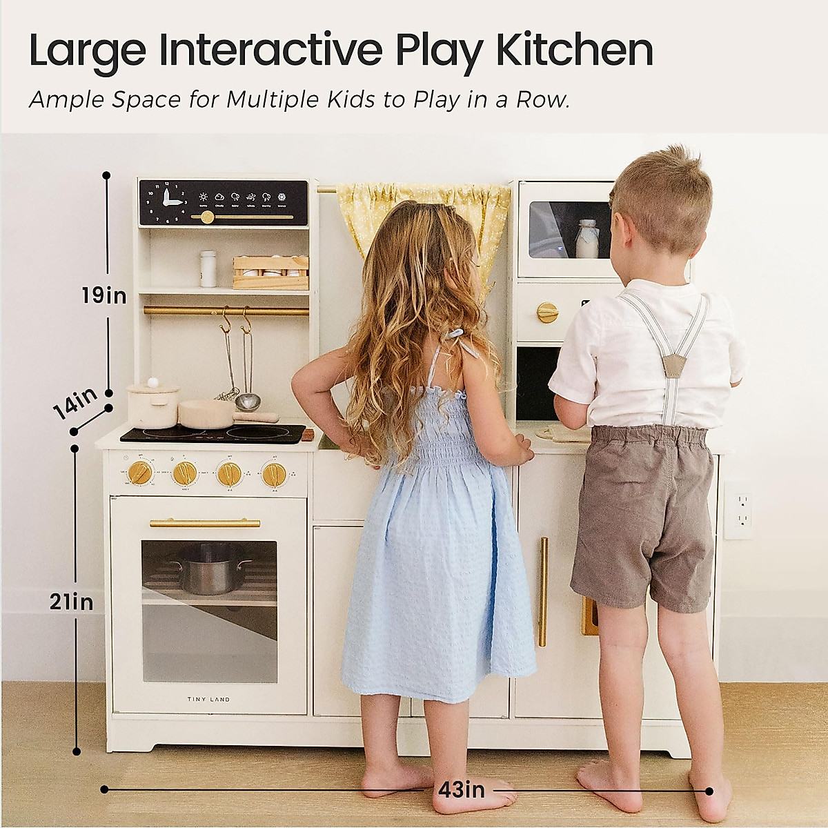 Tiny Land Play Kitchen for Kids, Toy Kitchen Set with Plenty of Play Features, New Modern Kids Wooden Play Kitchen Designed in Trendy Home Style with Curtains, Gift for Ages 3+
