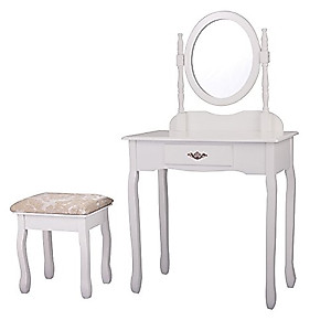 Tidyard Vanity Table and Chair Set, Makeup Dressing Table with Mirror and Large Drawer, Thick Padded Stool - White