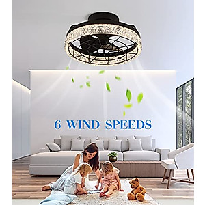 Q&S Modern Ceiling Fan with Lights,Low Profile Enclose Black Cage Semi Flush Mount Crystal Ceiling Fans with Remote 6 Speeds 3 Colors Dimmable LED Light Fixture for Bedroom Living Room Gym 18.9"