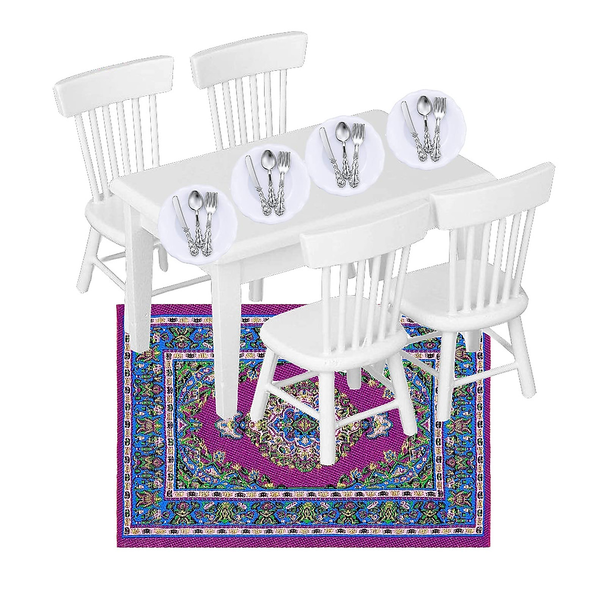 G0lden&Mang0 22Pcs Dollhouse Furniture Set, 112 Dollhouse Decoration 1Pc Wooden Dining Table and 4Pcs Chair, 1Pc Mini Carpet Turkey Rugs, 4Pcs Plates and 12Pcs Knives Forks Spoons for Kids Gift