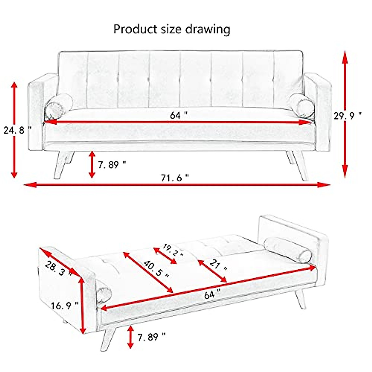 TMEOSK 71” Convertible Futon Sofa Bed, Recliner Sofa Couch with 2 Pillows, Upholstered Folding Sleeper Sofa Bed with Removable Armrests for Home Living Room Dorm Office (Beige)