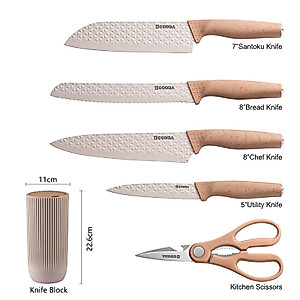 GOODA Kitchen Knife Set With Block,6-Piece Professional Chef Cooking Knives Set For Kitchen,Non-Stick Stainless Steel Knife Block Set (Khaki)