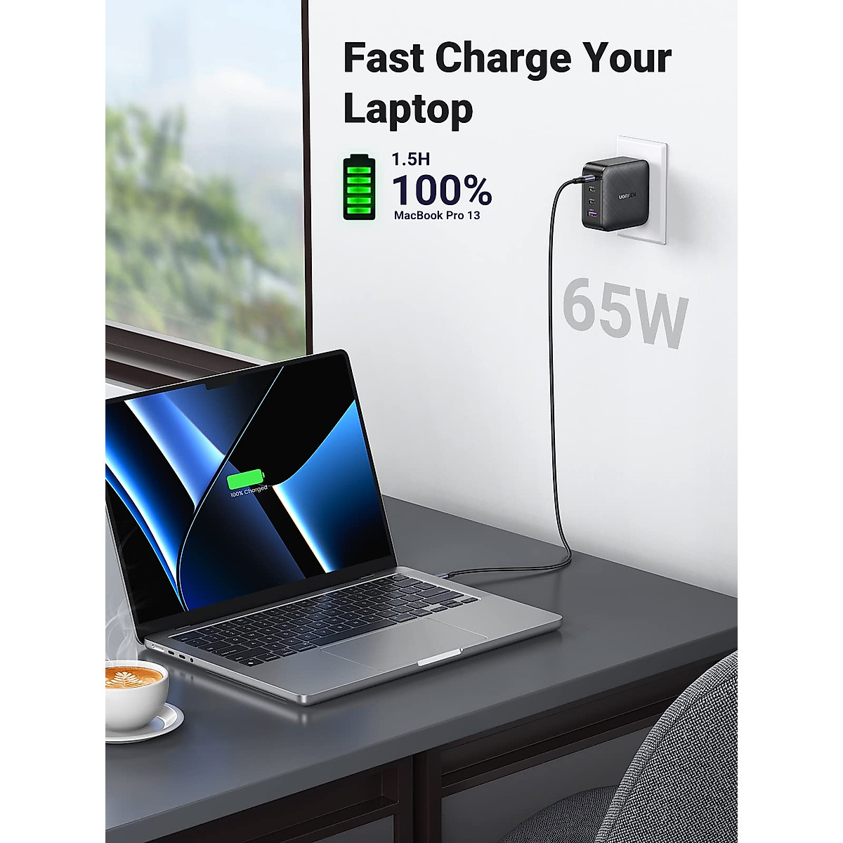UGREEN 65W USB C Charger 4 Ports USB C Power Adapter GaN PD Fast Wall Charger Compatible with MacBook Pro/Air M2, Dell XPS 13, iPad Pro/Air, iPhone 15 Pro Max/14, Galaxy S23, Steam Deck, and More