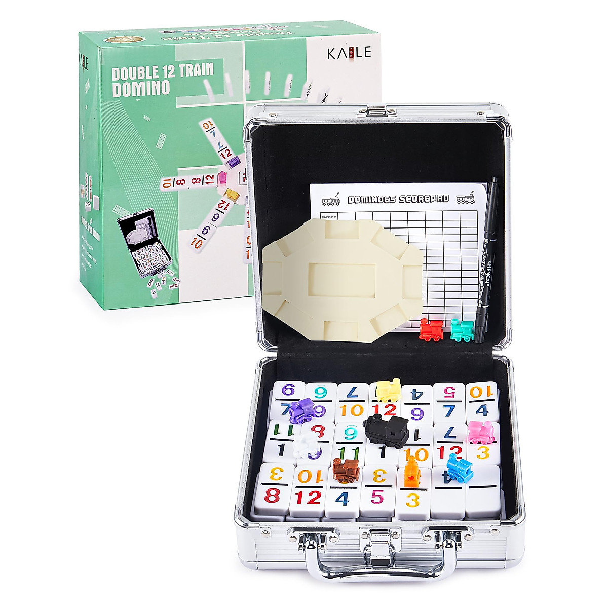 KAILE Mexican Train Dominoes Set with Numbers, 91 Tiles Double 12 Colored Dominoes Game Set with Aluminum Case for Families Kids 2-4 Players