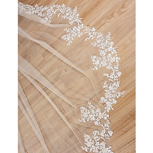 ELAWBTY 1 T Floral Lace Wedding Bridal Veil F20 Ivory Cathedral