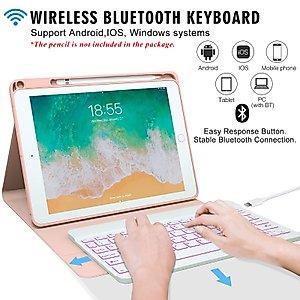 BLUTLOTUS Keyboard case for iPad 9.7 Inch Air 2, iPad 5th/ 6th Generation (2017/2018) with Keyboard Detachable, 7 Color Wireless Backlit Keyboard, Smart Folio Cover with Pencil Holder(Pink)