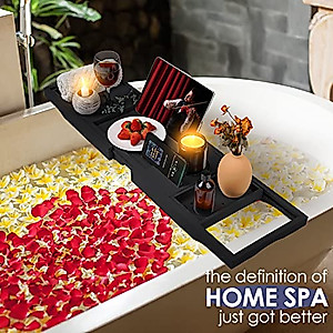 Foldable Bathtub Caddy Tray, Bamboo Bath Tub Tray Table for Tub with Wine Glass Holder Book Phone Tablet Holder with Extending Sides, Adjustable Bathroom Bathtub Free Soap Holder Gift Idea (Black)