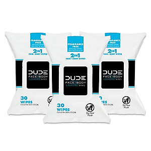 DUDE Wipes Face and Body Wipes - 3 Pack, 90 Wipes - Unscented Wipes with Sea Salt & Aloe - 2-in-1 Body & Face Wipes - Alcohol Free and Hypoallergenic Cleansing Wipes