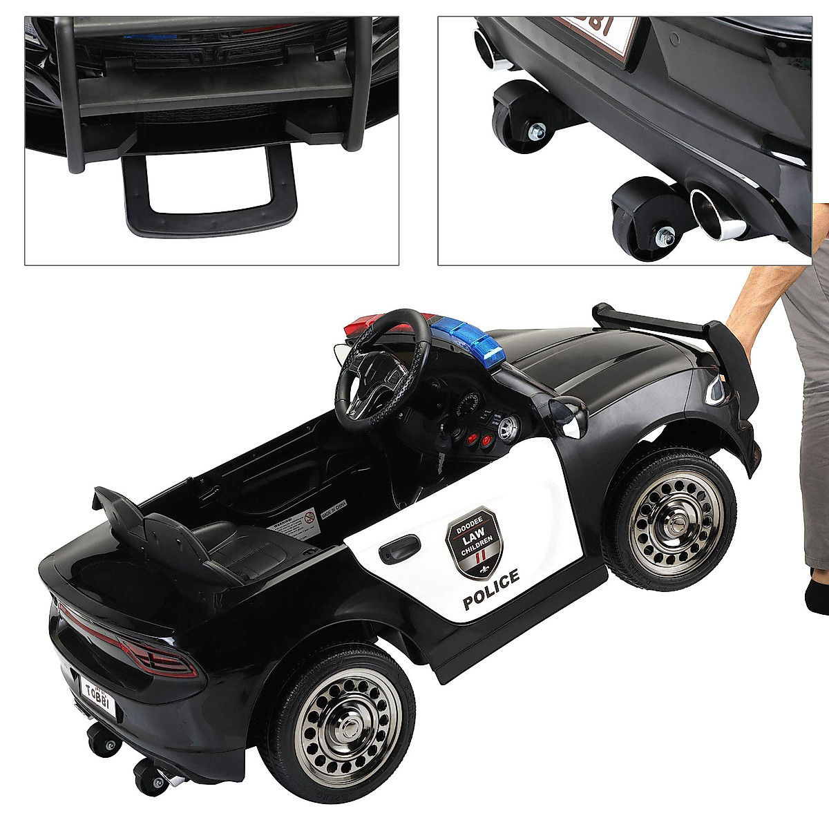 TOBBI 12V Kids Police Car Ride on with Remote Control, Battery Powered Vehicle Electric Car for Kids w/Siren Flashing Light, Megaphone, Car Keys, USB, Music, Spring Suspension, Pull Rod, Black