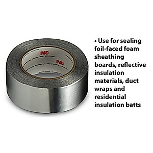 3M Aluminum Foil Tape 3381, 1.88 in x 50 yd, 2.7 mil, Silver, HVAC, Sealing and Patching, Moisture Barrier, Cold Weather, Air Ducts, Foam Sheathing Boards, Insulation, Metal Repair