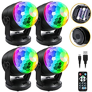 [4-Pack] Sound Activated Party Lights with Remote Control, Battery Powered/USB Portable RBG Disco Ball Light, Dj Lighting, Strobe Lamp 7 Modes Stage Party Supplies for Home Room Dance Parties Karaoke