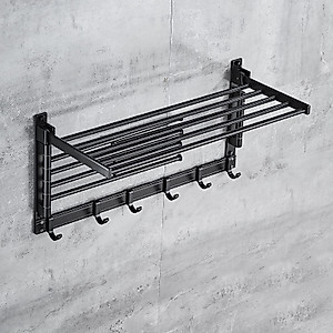 Towel Rack with 7 Towel Bar Holder Foldable Towel Shelf with Movable Hooks Wall Mounted Lavatory Towel Organizer Space Saving Towel Holder Black