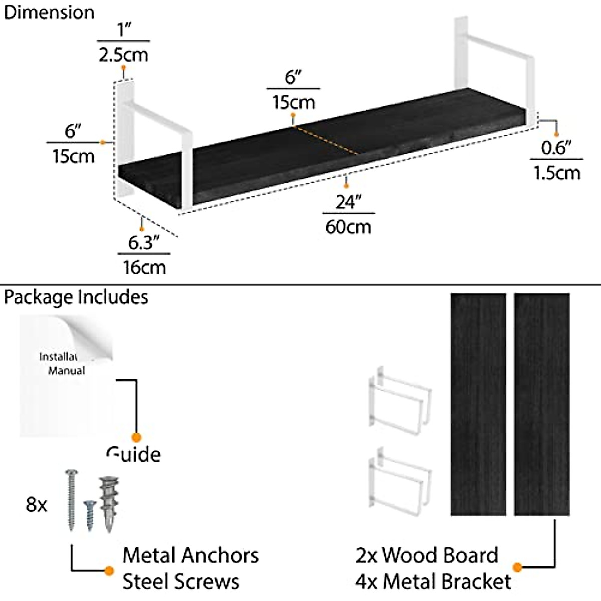 Wallniture Toledo 24" Floating Shelves for Living Room Decor Wall Shelves for Bedroom, Bathroom Organizer & Kitchen Organization Black Bookshelf Set of 2 Wood