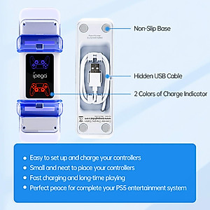 Upgraded PS5 Controller Charger with Thumb Grip Kit, Ipega DualSense Charging Station with LED Indicators, Dual USB Type C Fast Charging and Safety Chip Protection for Sony Playstation 5 Controllers