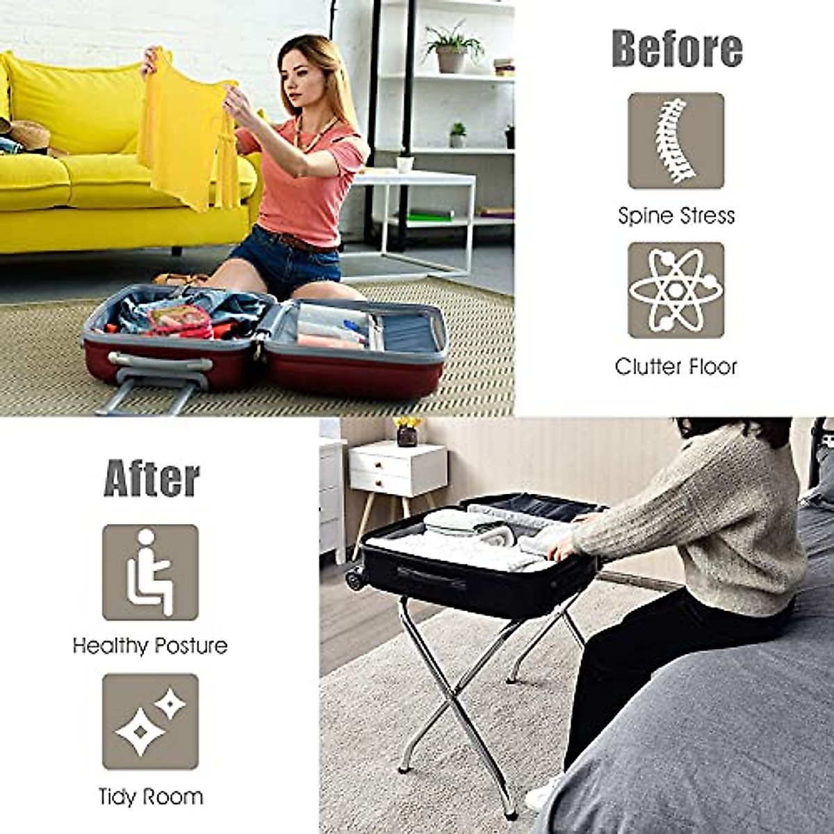 BETTARY Chrome Luggage Rack for Guest Room, Folding Metal Bag Suitcase Holder with Nylon Straps, Luggage Stand Ideal for Home Bedroom Guest Room Hotel, No Assembly Required (1)