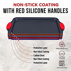 Baking Pan Set – 3 Piece Cookie Sheet – Deluxe Black Non-Stick Carbon Steel – Silicone Handles – Commercial Grade Restaurant Quality – PFOA PFOS and PTFE Free by Bakken